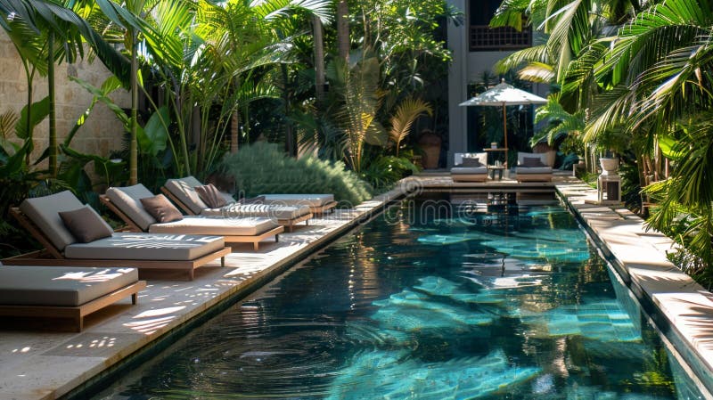 Hotel Pool Area Features Elegant Design and Tropical Plants Stock ...