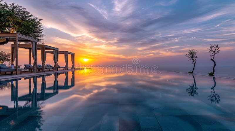 Hotel Pool Area Features Infinity Pool with Cabanas at Sunset Stock ...
