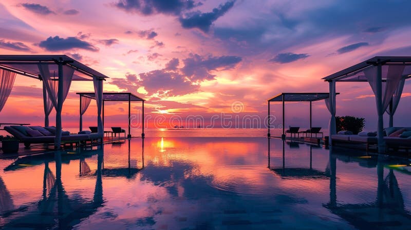 Hotel Pool Area Features Infinity Pool and Cabanas at Sunset Stock ...