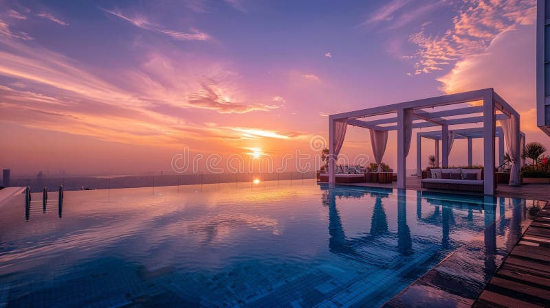 Hotel Pool Area Features Infinity Pool with Cabanas at Sunset Stock ...