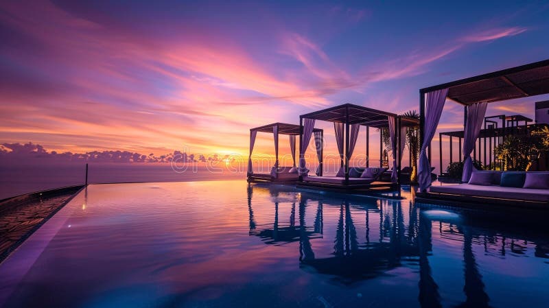 Hotel Pool Area Features Infinity Pool with Cabanas at Sunset Stock ...