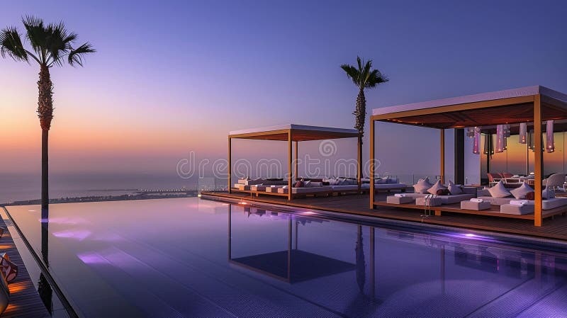 Hotel Pool Area Features Infinity Pool and Cabanas at Sunset Stock ...