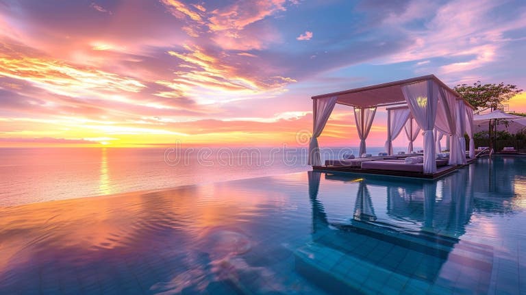 Hotel Pool Area Features Infinity Pool with Cabanas at Sunset Stock ...