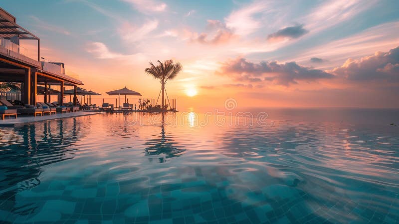 Hotel Pool Area Features Infinity Pool and Chic Cabanas at Sunset Stock ...