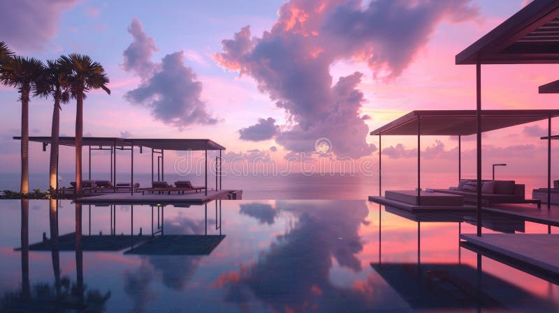 Hotel Pool Area Features Infinity Pool and Chic Cabanas at Sunset Stock ...