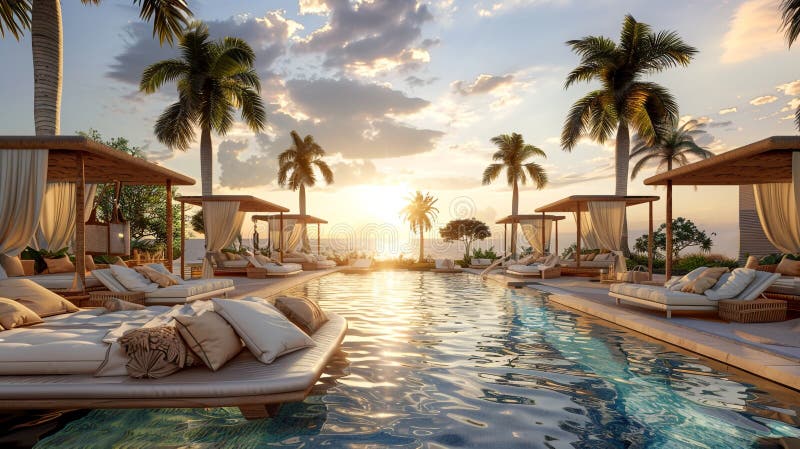 Hotel Pool Area Features Infinity Pool and Chic Cabanas at Sunset Stock ...