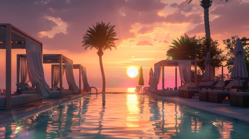 Hotel Pool Area Features Infinity Pool and Chic Cabanas at Sunset Stock ...