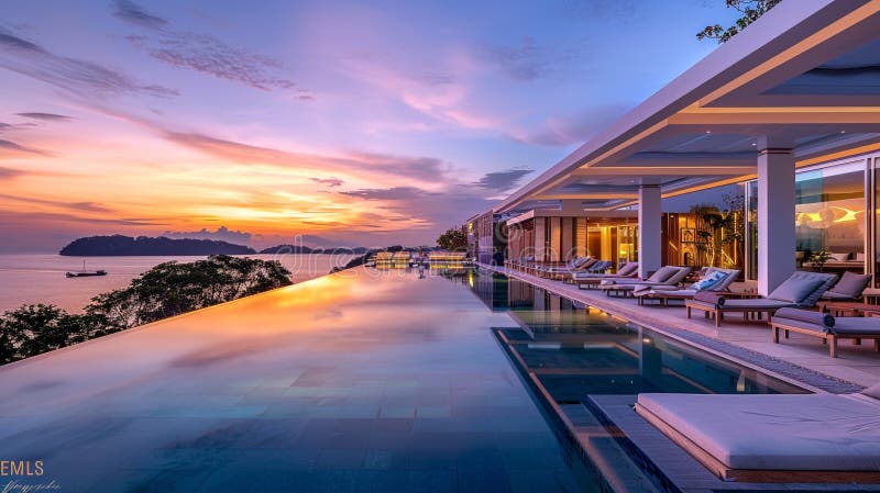 Hotel Pool Area Features Infinity Pool and Chic Cabanas at Sunset Stock ...