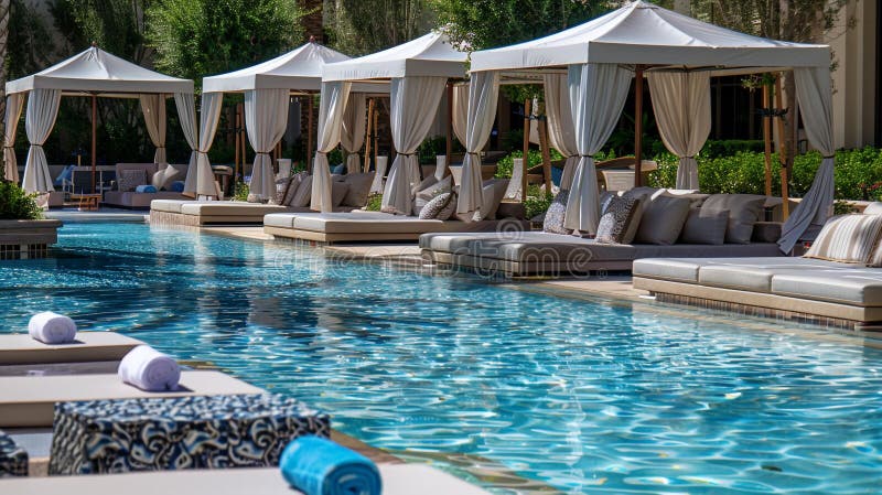 Hotel Pool Area Featuring Elegant Design and Shaded Cabanas Stock ...