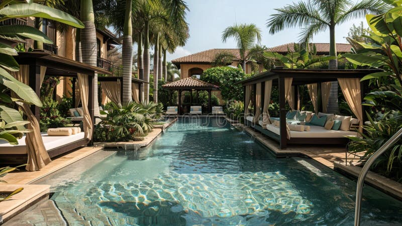 Hotel Pool Area Featuring Elegant Design and Tropical Plants Stock ...