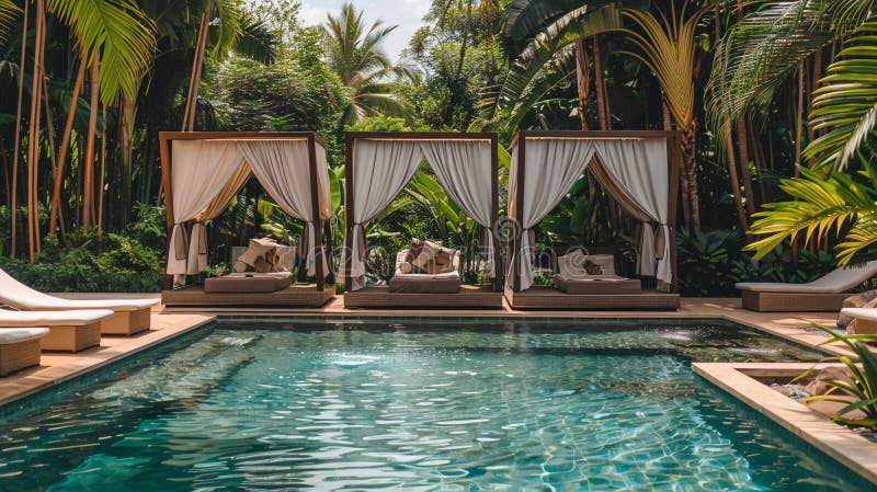 Hotel Pool Area Featuring Elegant Design and Tropical Plants Stock ...