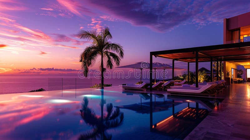 Hotel Pool Area Featuring Infinity Pool with Cabanas at Sunset Stock ...
