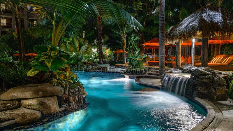 Hotel Pool Area Featuring Water Features and Luxury Cabanas Stock ...