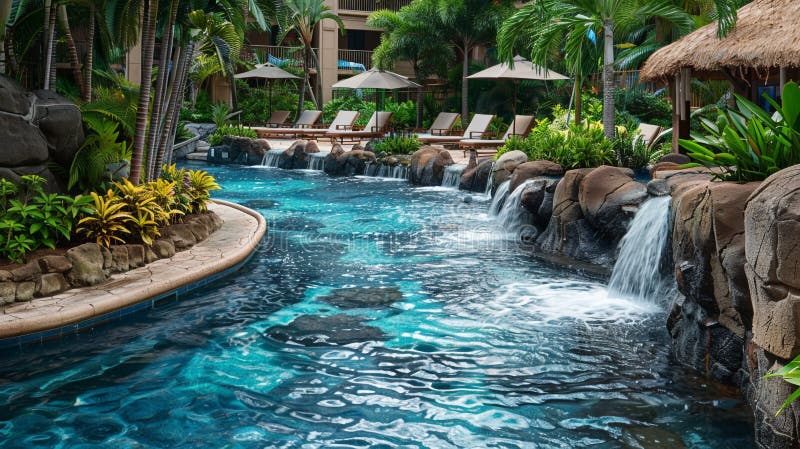 Hotel Pool Area Featuring Water Features and Tropical Plants Stock ...