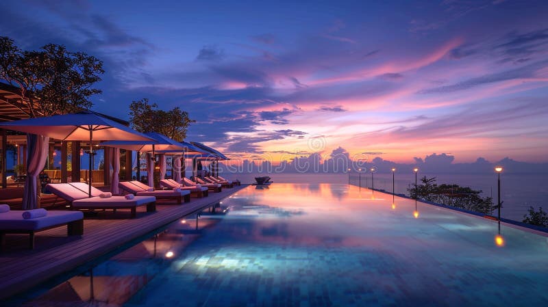 Hotel Pool Area Showcases Infinity Pool with Chic Cabanas and Sunset ...