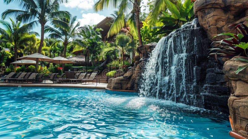 Hotel Pool Features Waterfall and Palm Trees Stock Illustration ...