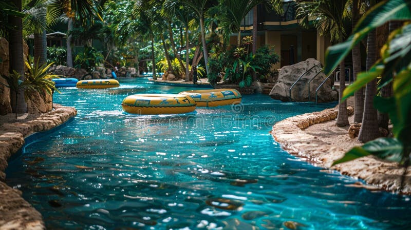 Hotel Pool Featuring Lazy River with Tropical Decor and Comfortable ...