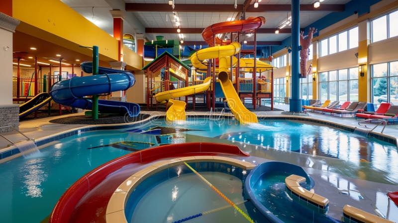 Hotel Pool Featuring Water Slides and Splash Pad Stock Illustration ...