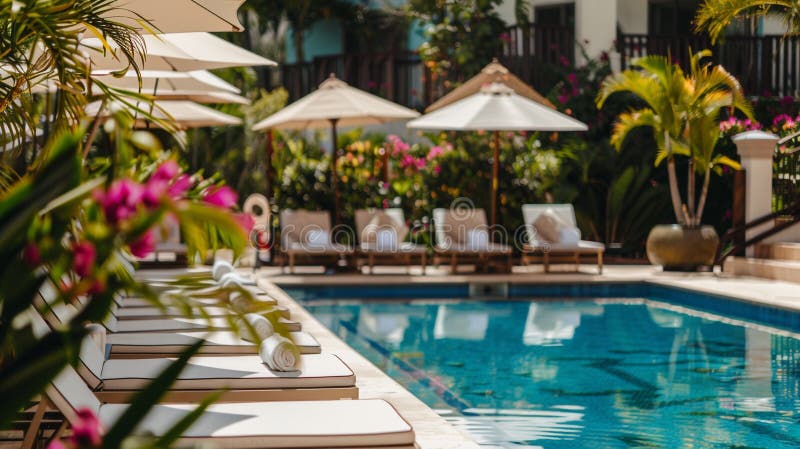 Hotel Poolside Area Featuring Loungers and Umbrellas Stock Illustration ...