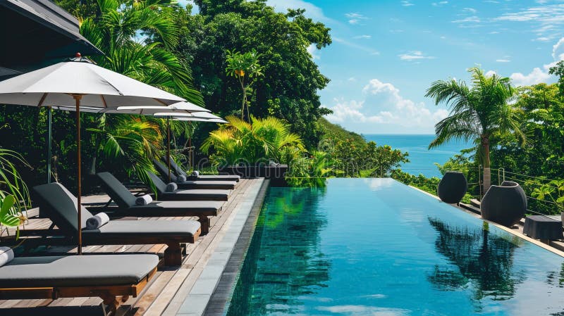 Hotel Poolside Area with Infinity Pool and Sun Loungers Stock ...
