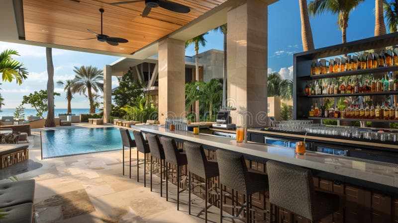 Hotel Poolside Bar Serving Drinks with Elegant Seating and Ocean Breeze ...