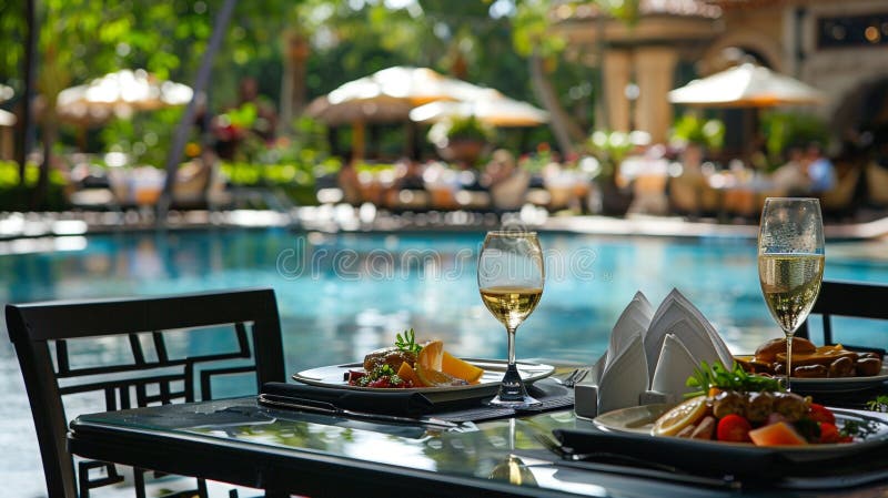 Hotel Poolside Dining Area with Gourmet Food and Sunset View Stock ...