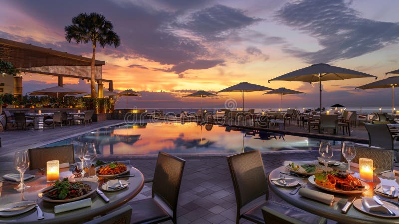Hotel Poolside Dining Area with Gourmet Food and Sunset View Stock ...