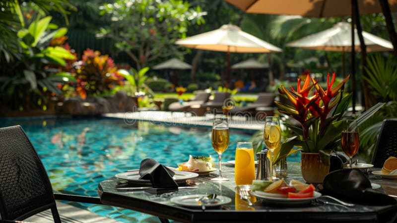 Hotel Poolside Dining Area Showcasing Gourmet Food with a Sunset View ...