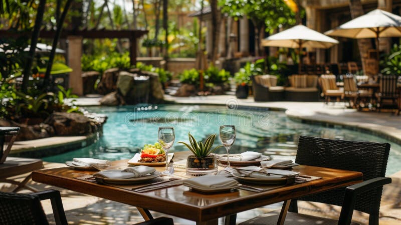 Hotel Poolside Dining with Gourmet Food at Sunset Stock Illustration ...
