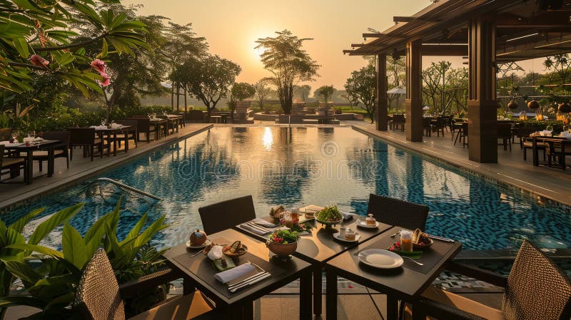Hotel Poolside Dining with Sunset View Stock Illustration ...
