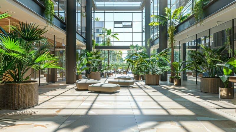 Hotel Reception Area Features Glass Atrium and Tropical Plants Stock ...