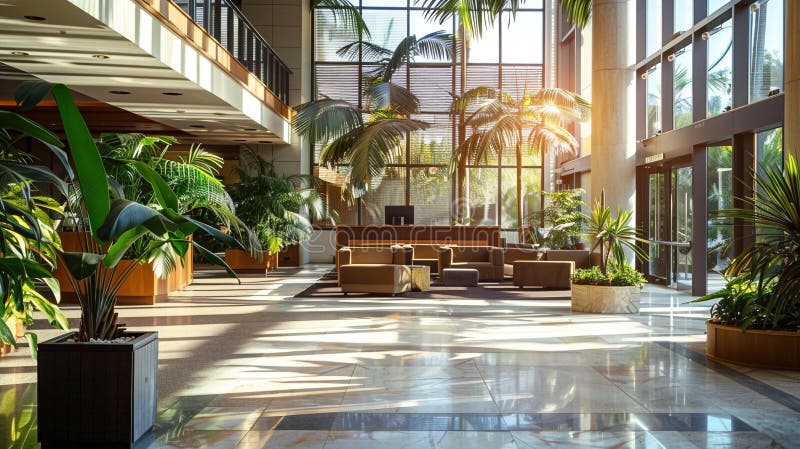 Hotel Reception Area Features Glass Atrium and Tropical Plants Stock ...