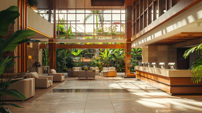 Hotel Reception Area Features Glass Atrium and Tropical Plants Stock ...