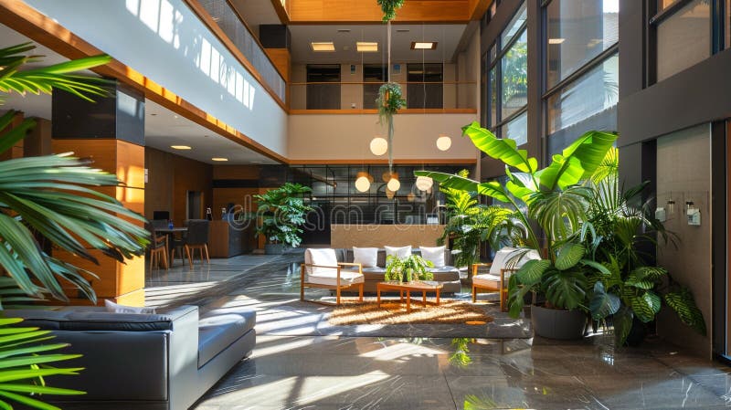 Hotel Reception Area Features Glass Atrium and Tropical Plants Stock ...