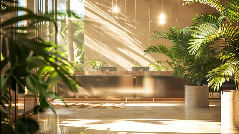 Hotel Reception Area Features Glass Atrium and Tropical Plants Stock ...