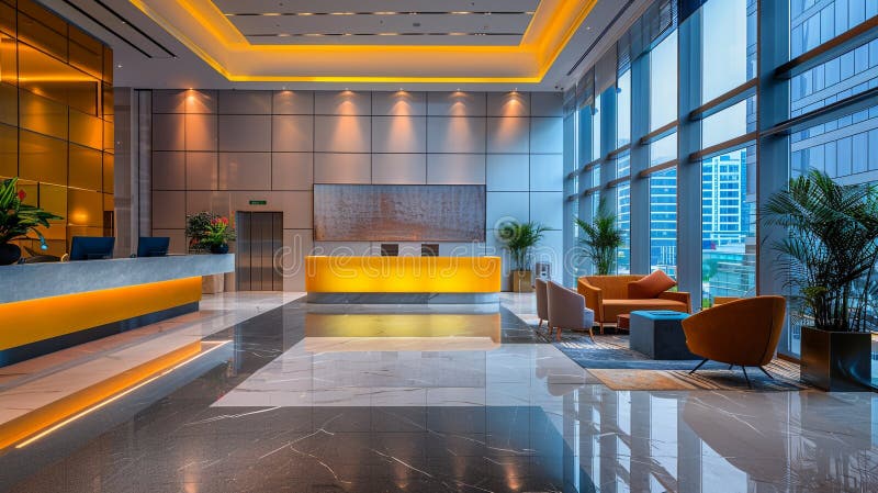 Hotel Reception Area Features Glass Atrium and Tropical Plants Stock ...