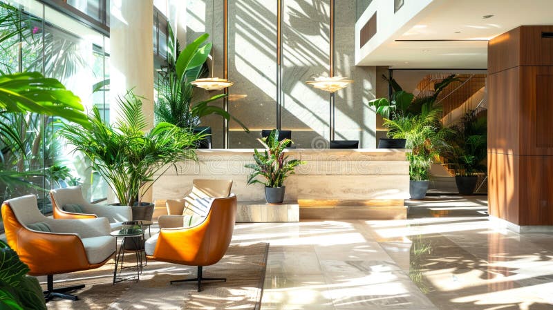 Hotel Reception Area Features Glass Atrium with Tropical Plants and ...