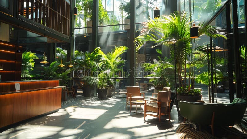 Hotel Reception Area Features Glass Atrium with Tropical Plants and ...
