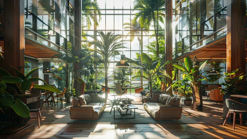 Hotel Reception Area Features Glass Atrium with Tropical Plants and ...