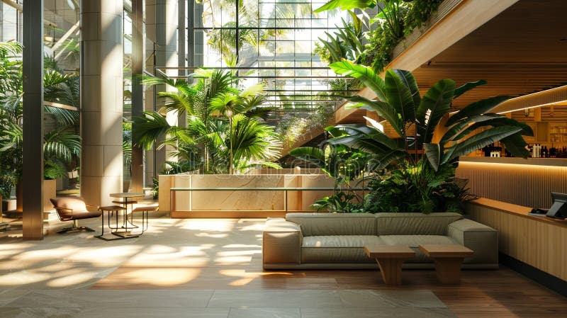 Hotel Reception Area Features Glass Atrium with Tropical Plants and ...