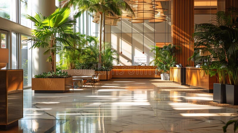 Hotel Reception Area Features Glass Atrium with Tropical Plants and ...