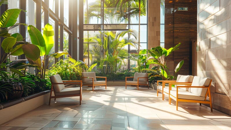 Hotel Reception Area Features Glass Atrium with Tropical Plants and ...