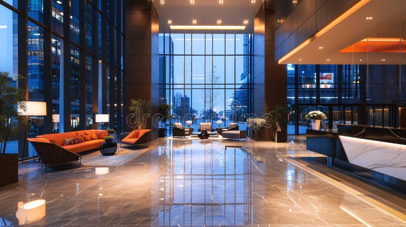 Hotel Reception Area Features Glass Atrium with Tropical Plants and ...