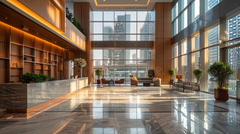 Hotel Reception Area Features Glass Atrium with Tropical Plants Under ...
