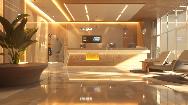 Hotel Reception Area Features Interactive Touch Screens and Minimalist ...