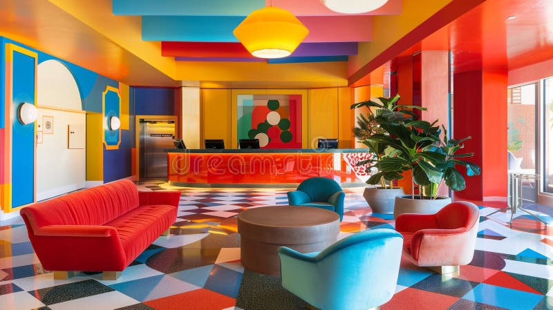 Hotel Reception Area Features Vibrant Colors and Geometric Patterns ...