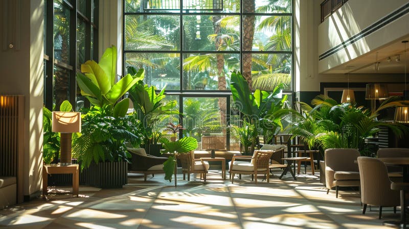 Hotel Reception Area Featuring Glass Atrium and Tropical Plants Stock ...