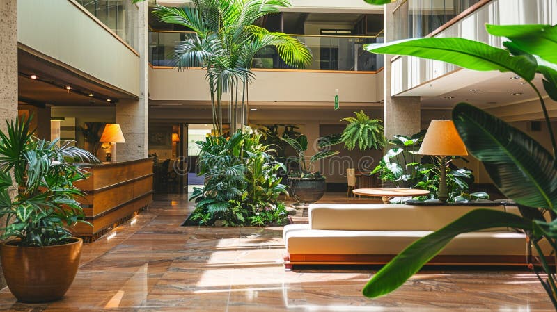 Hotel Reception Area Featuring Glass Atrium and Tropical Plants Stock ...