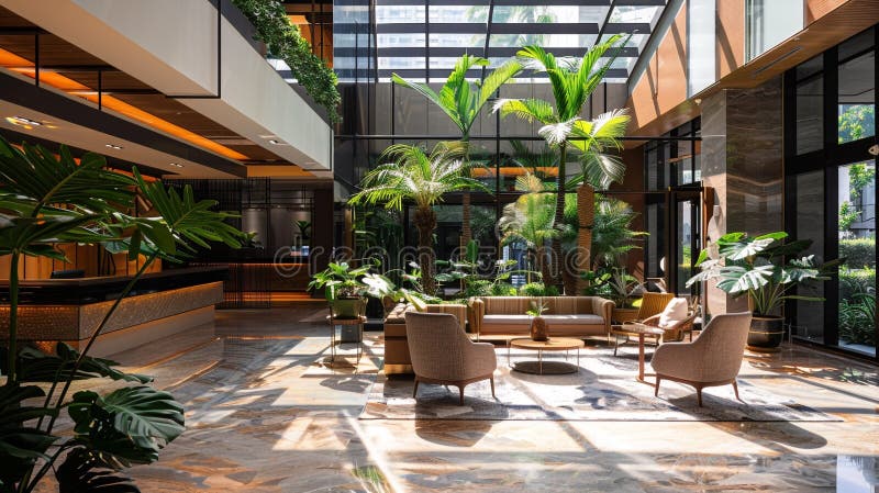 Hotel Reception Area Featuring Glass Atrium and Tropical Plants Stock ...