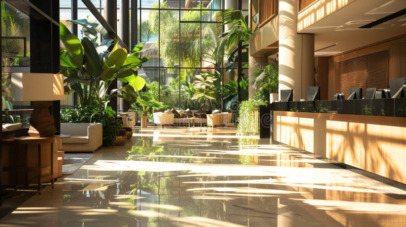 Hotel Reception Area Featuring Glass Atrium and Tropical Plants Stock ...